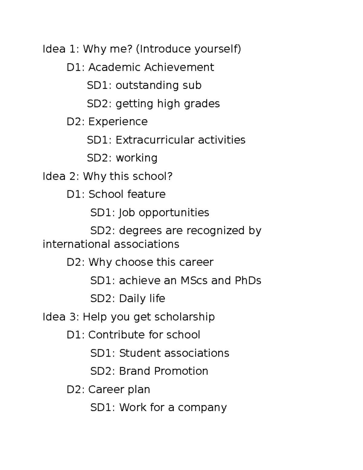 Outline scholarship - Kim Như - Idea 1: Why me? (Introduce yourself) D1 ...