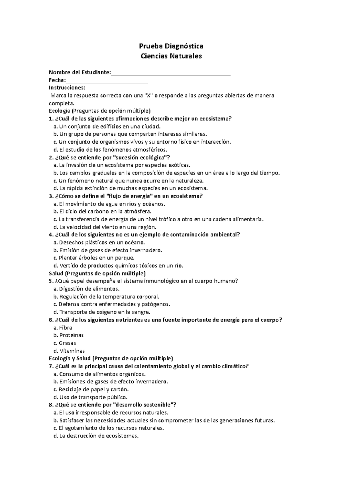 Prueba Diagnóstica de Ciencias Naturales para 2do y 3ro grado - Studocu