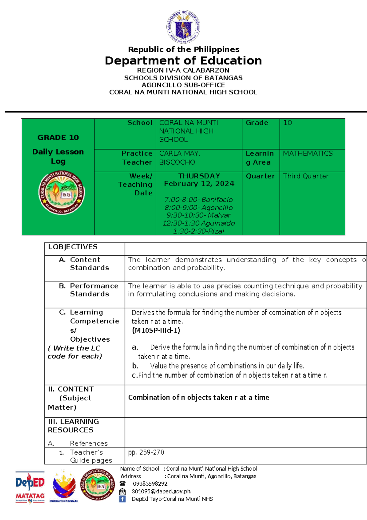 Grade 10 Mathematics Daily Lesson Log: Combinations & Probability (W2 ...