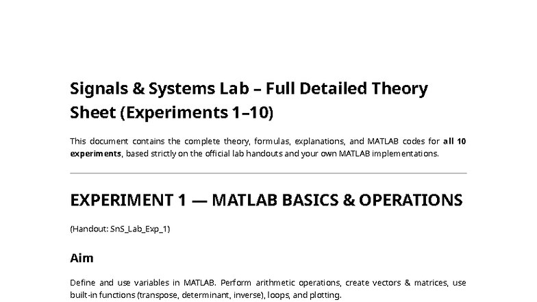 Signals and Systems Lab Full Theory Sheet (Exp 1-10) - Studocu