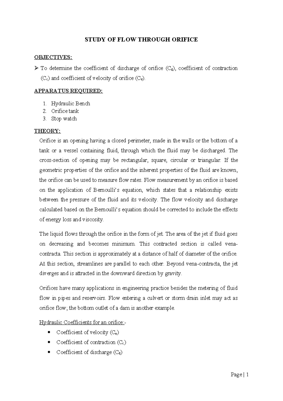 Flow Through Orifice: Coefficients of Discharge, Contraction, and ...