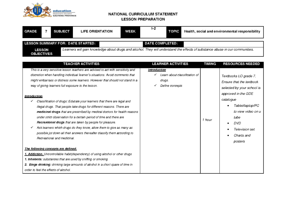 NCS LO Grade 7 Lesson Plan: Substance Abuse Awareness - Studocu