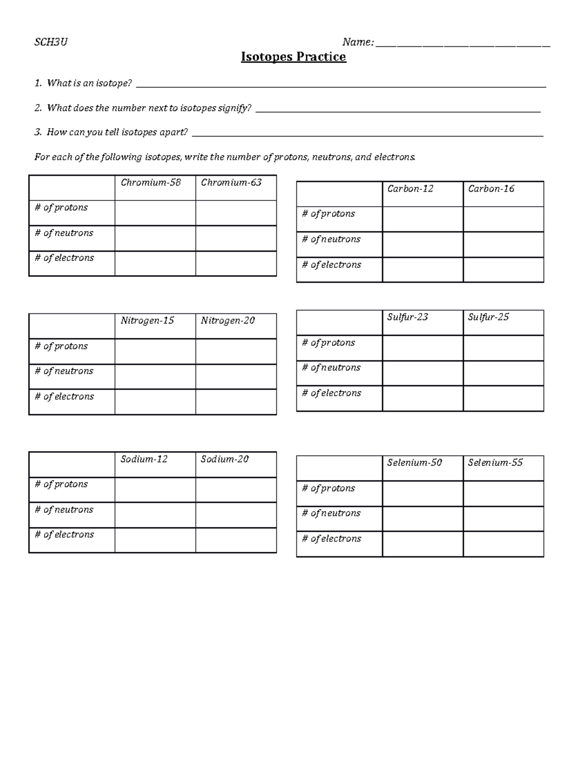 SCH3U Isotopes Practice Worksheet for Chemistry Fundamentals - Studocu