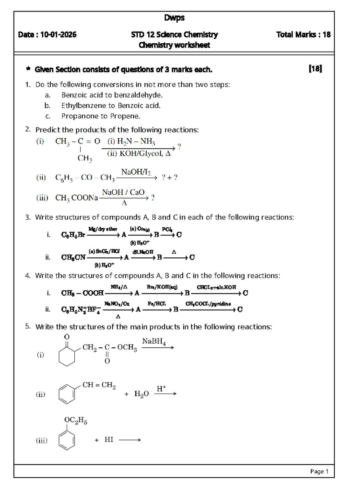 STD 12 Science Chemistry Worksheet - Practice Sample Paper - Studocu