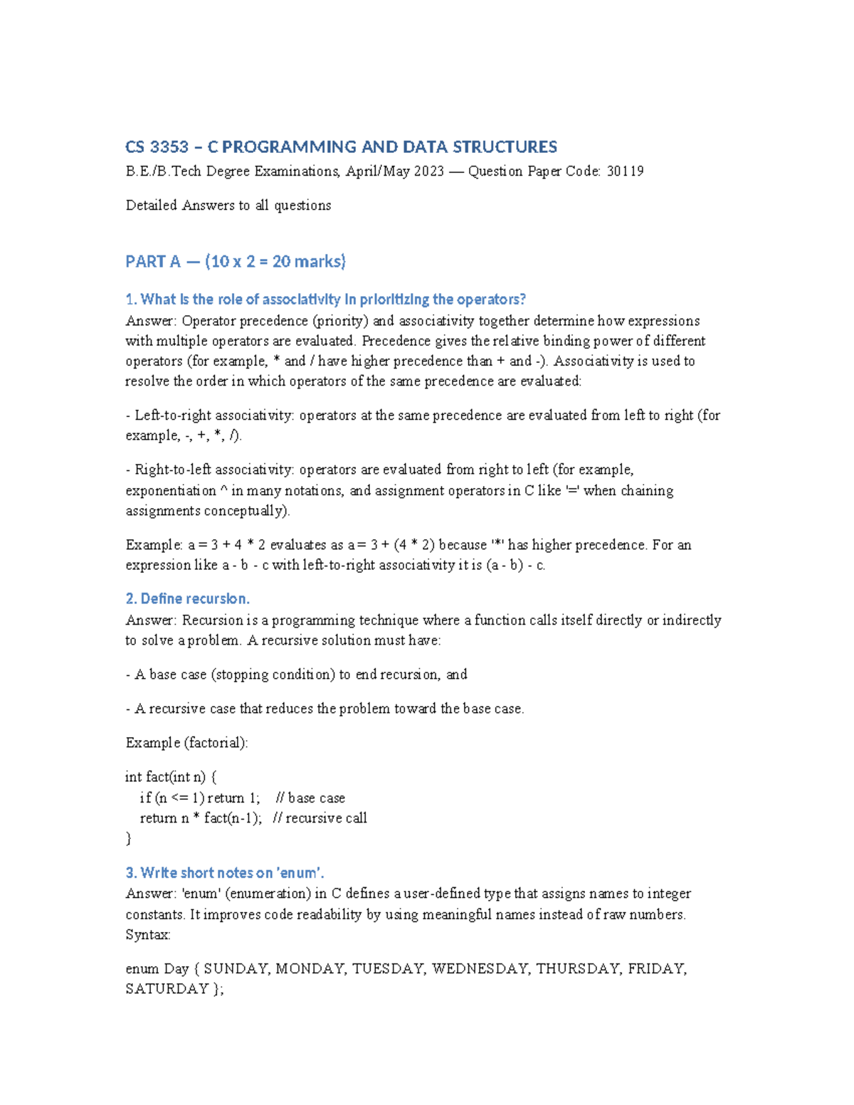 CS 3353 C Programming and Data Structures Exam Answers 2023 - Studocu