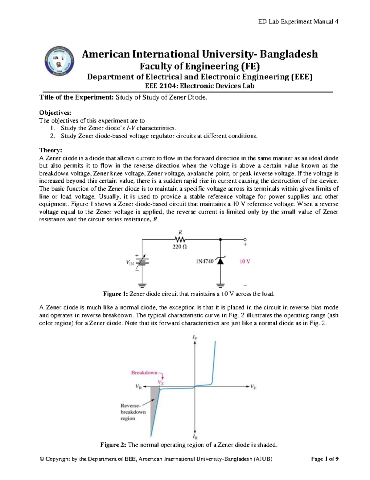 ED 2104: Zener Diode Characteristics and Voltage Regulation Lab Manual ...