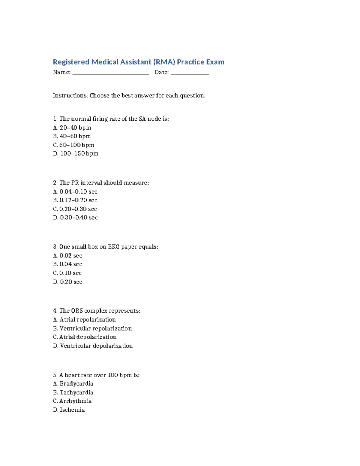 RMA Practice Exam: EKG Fundamentals and Key Concepts - Studocu