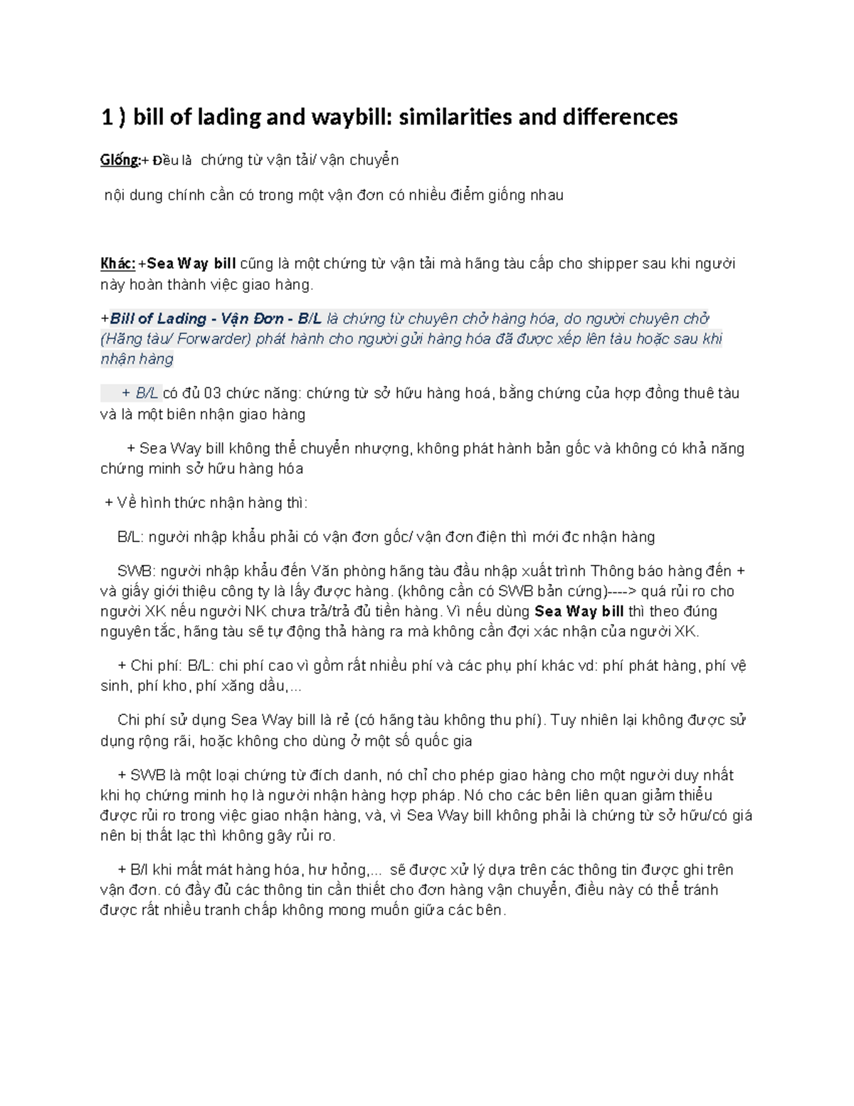 1412 - Bill of Lading vs Sea Waybill: Key Differences Explained - Studocu