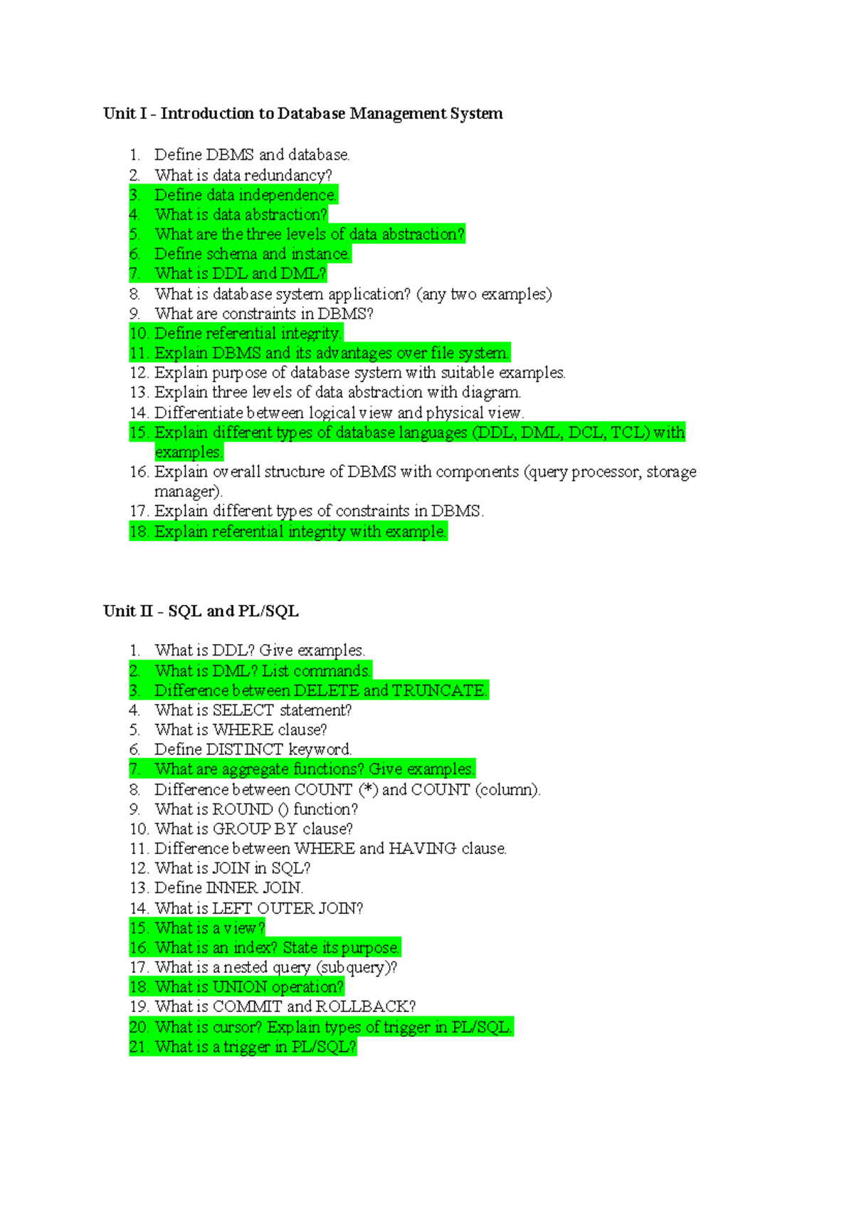 DBMS QB: Important Questions for Unit I & II on Database Management ...