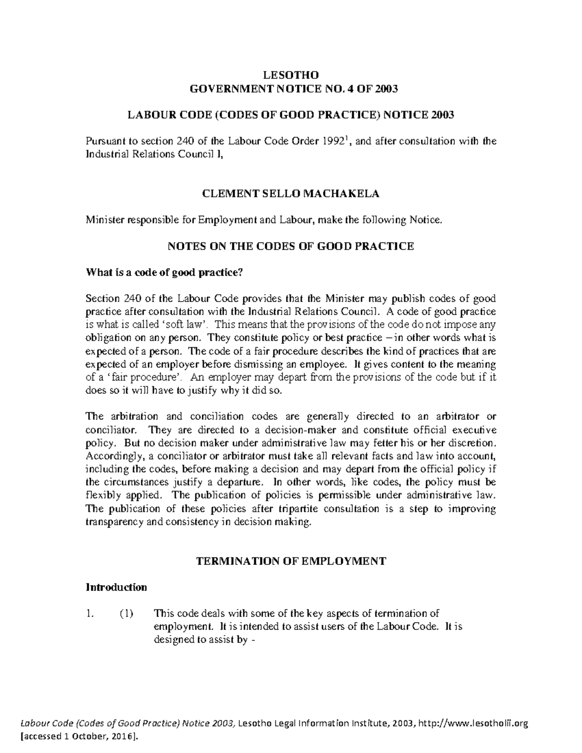 Labour Codes of Good Practice Overview - Lesotho 2003 - Studocu