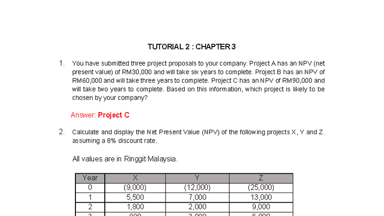 Tutorial 2: Chapter 3 - Project NPV Analysis and Selection - Studocu