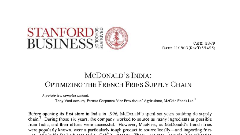 GS79: Case Study on Optimizing the French Fries Supply Chain in India ...
