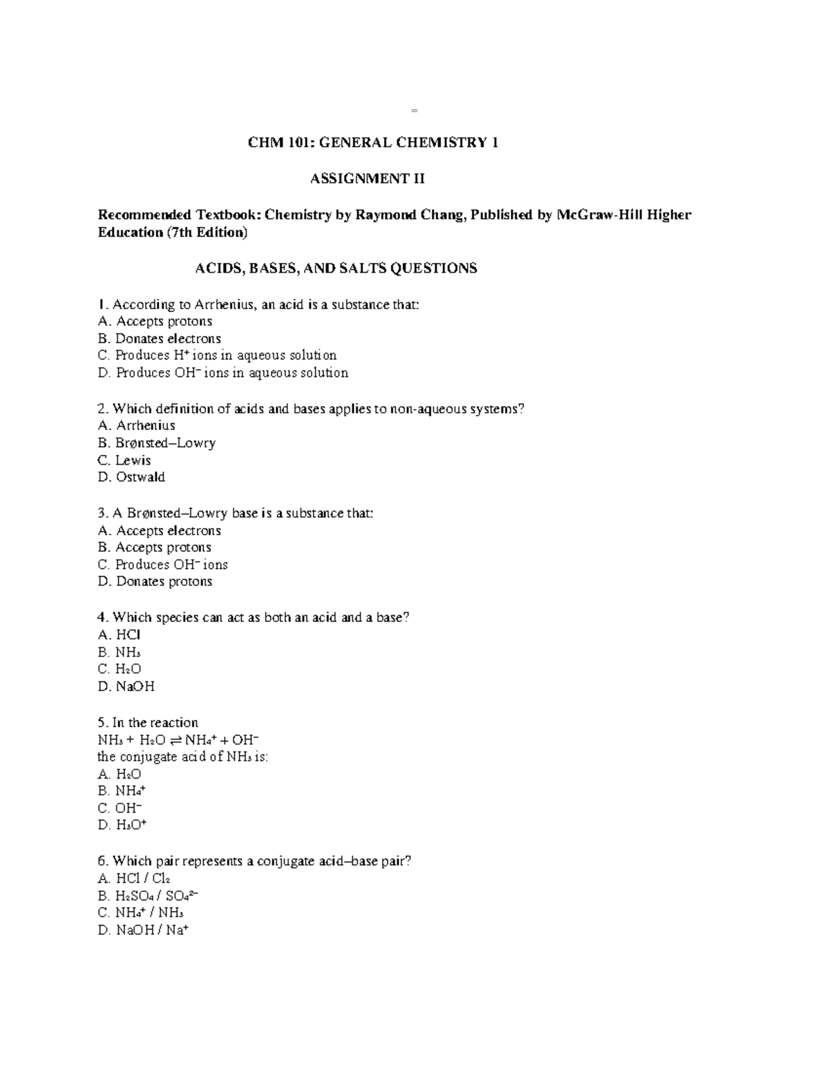 CHM 101: General Chemistry 1 Assignment II - Acids, Bases, and ...