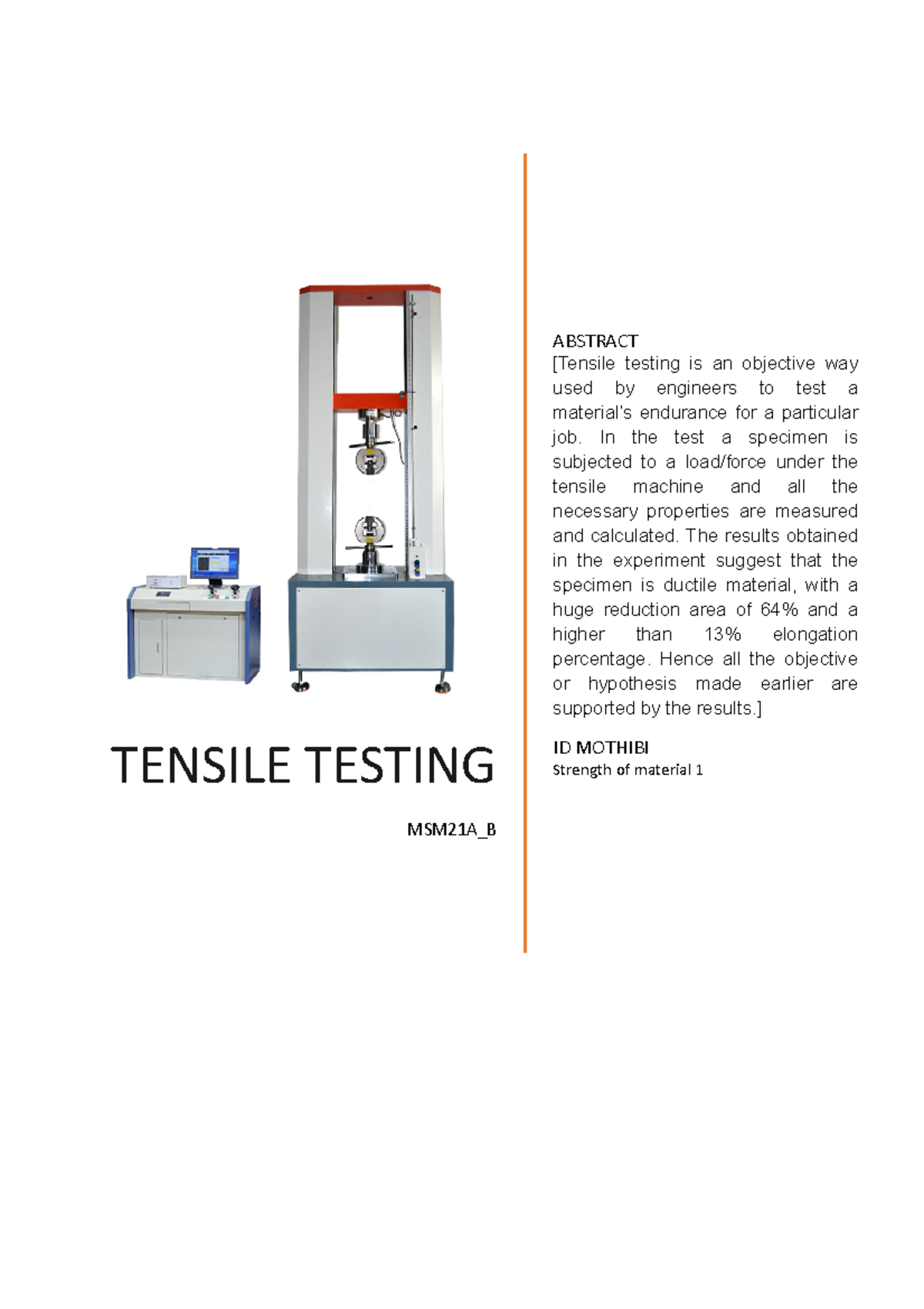 Tensile Testing Lab Report for MSM21A_B: Strength of Materials I - Studocu