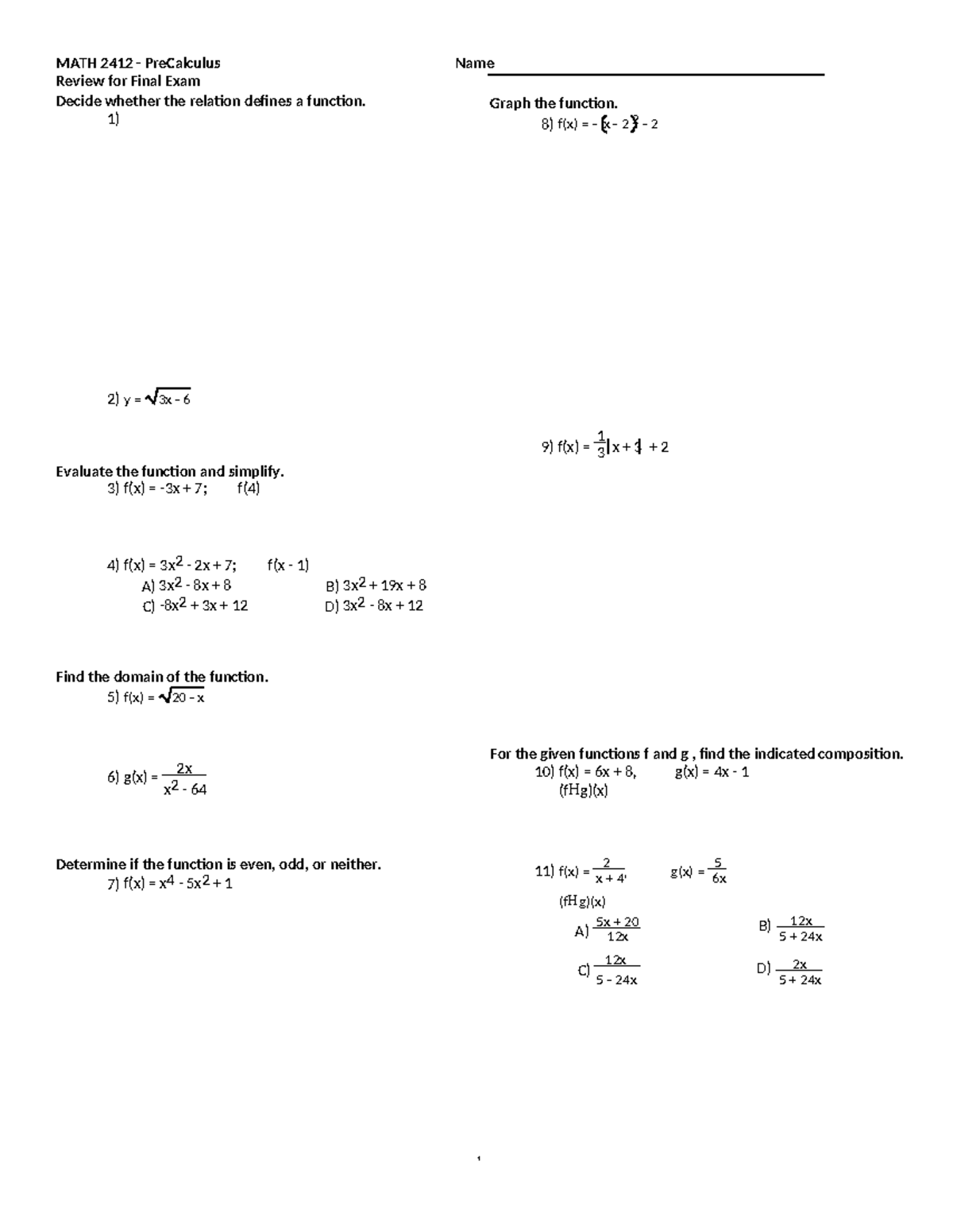 MATH 2412 Final Exam Review - Pre-Calculus Spring 2023 - Studocu