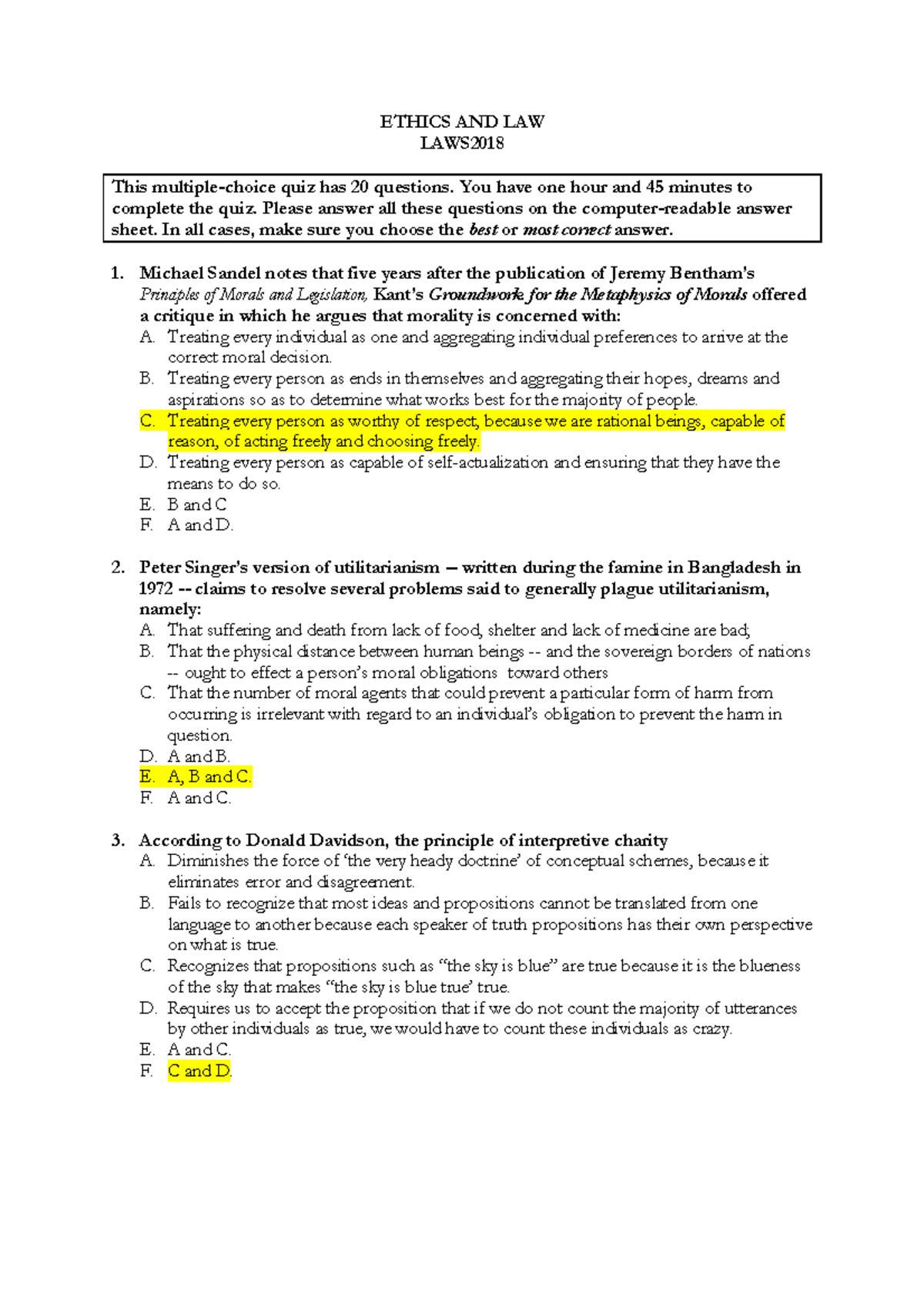 Ethics and Law MCQ 2021 - 20 Questions with Key Answers - Final Draft ...