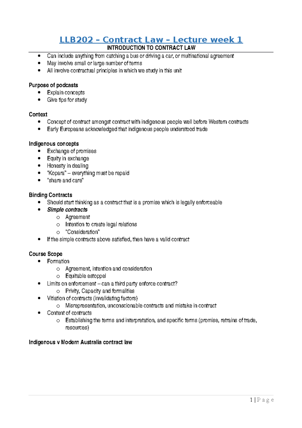 LLB202 - Lecture and Tutorial Notes Combined - LLB202 – Contract Law ...