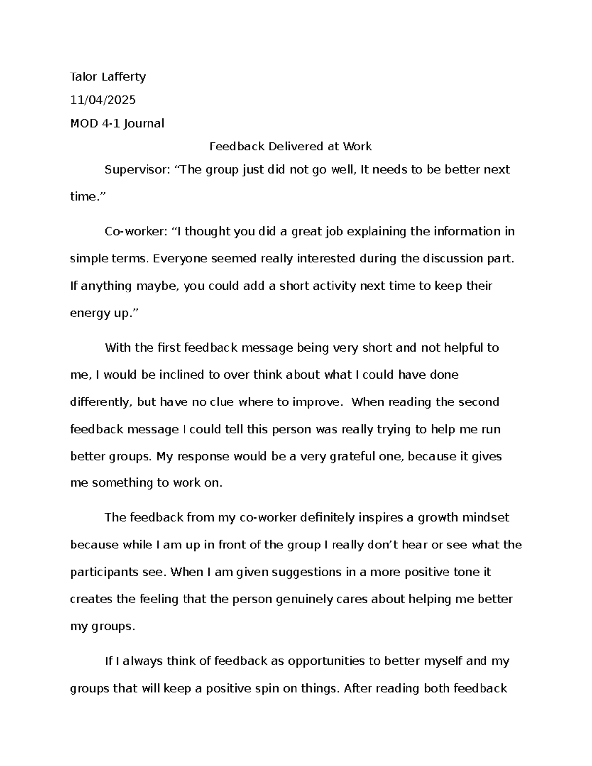 MOD 4-1 Journal: Reflecting on Supervisor Feedback for Improvement ...