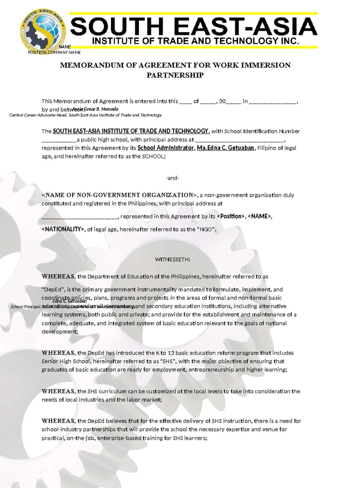 MOA- Cooperative - WORK IMMERSION MEMORANDUM OF AGREEMENT - POSITION, COMPANY NAME Annie Grace B ...