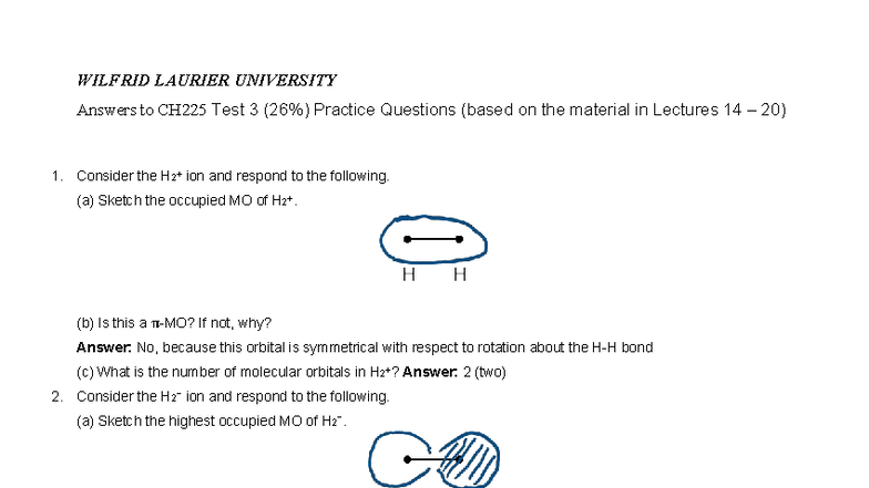 CH225 Test 3 Practice Answers: Molecular Orbitals & Bonding Concepts ...