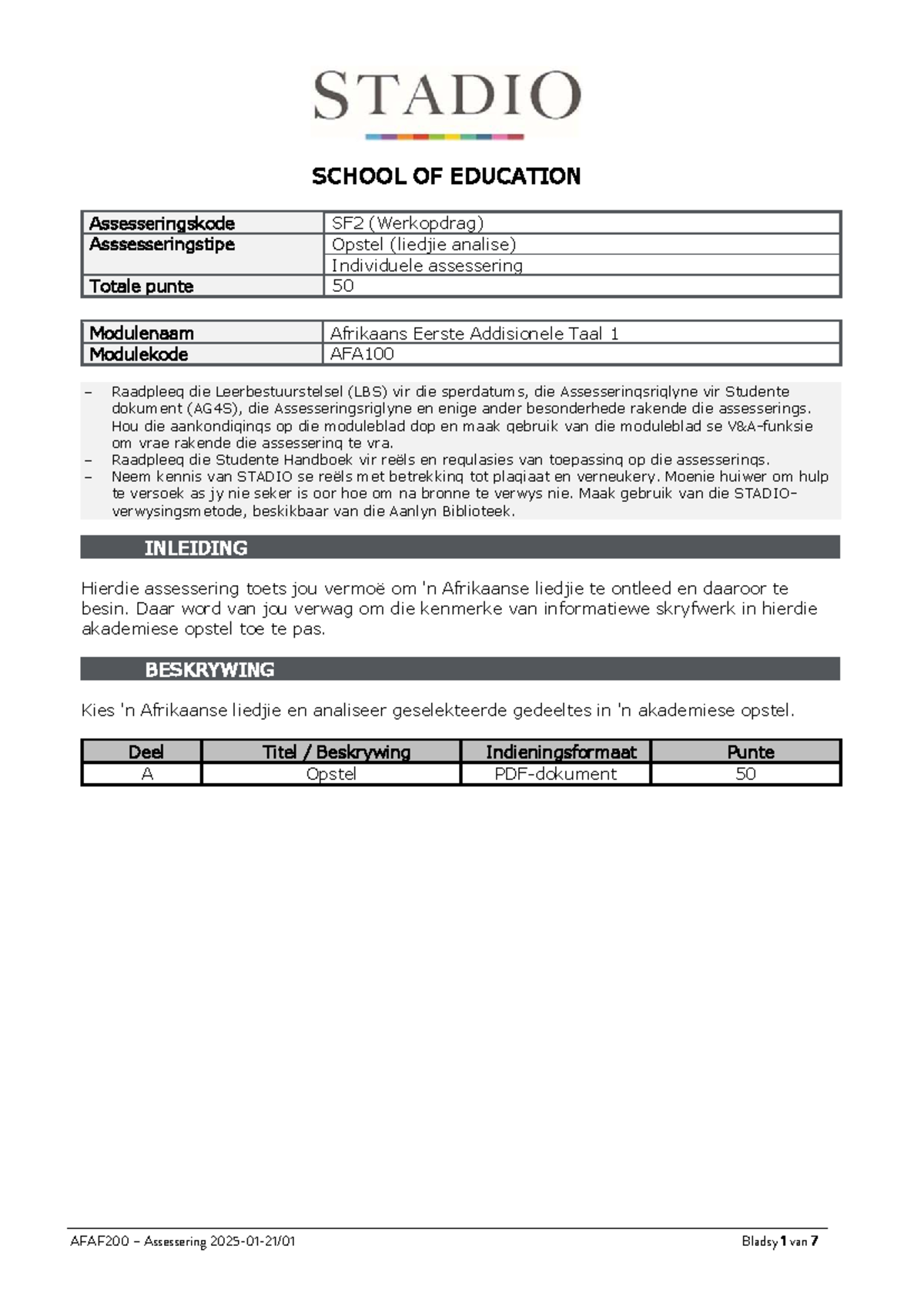 AFAF200 Opstel: Liedjie Analise en Persoonlike Refleksie - Studocu