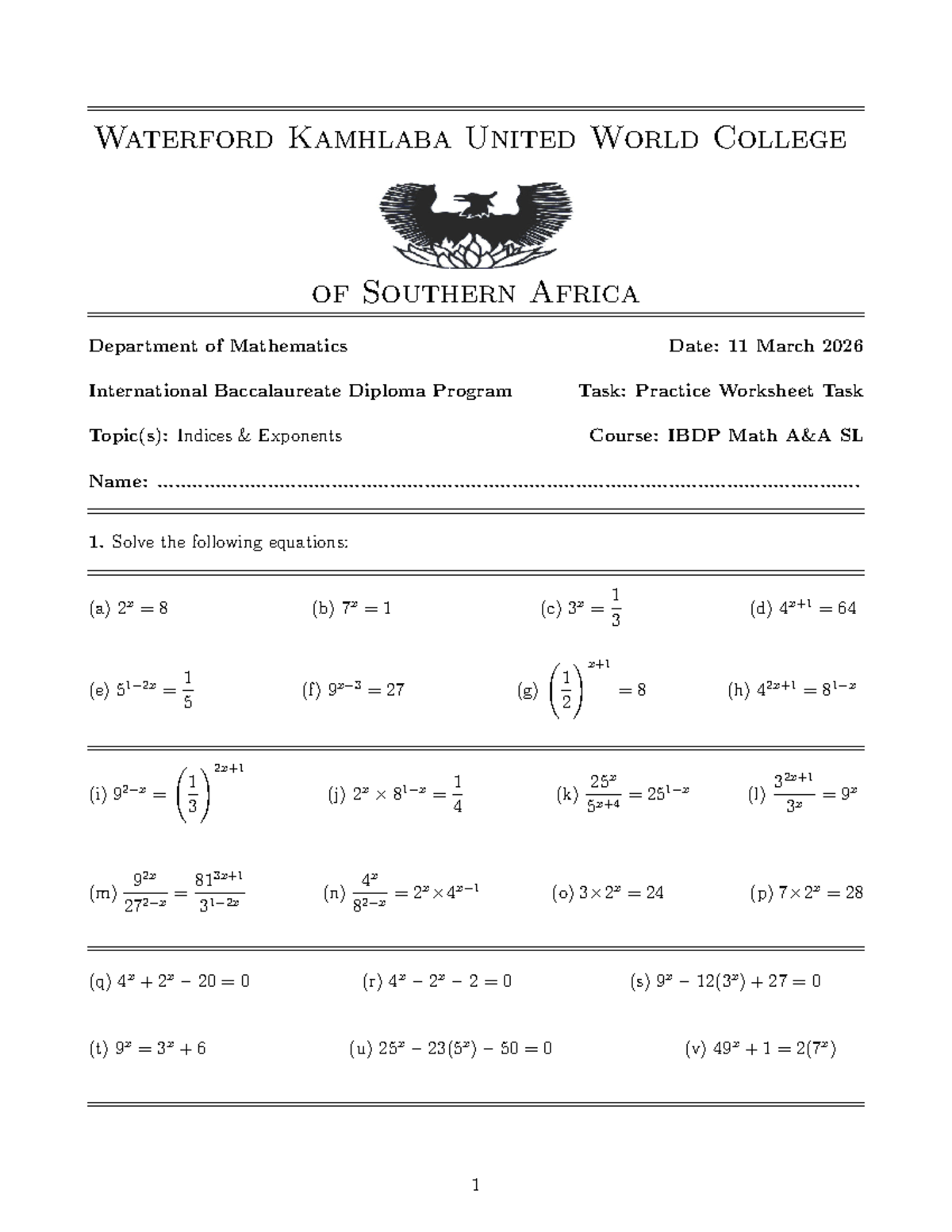 IBDP Math SL Indices & Exponents Practice Worksheet - Studocu