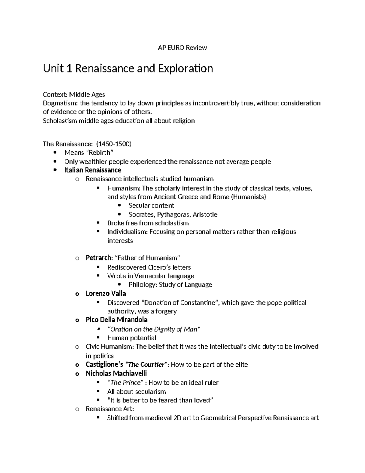 AP EURO Review: Unit 1 - Renaissance & Exploration Insights - Studocu