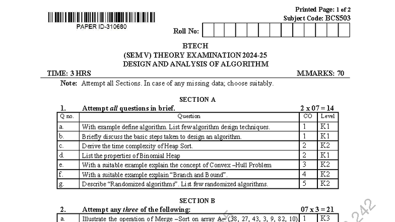BCS503 DAA Theory Exam Question Paper - AKTU 2024-25 - Studocu