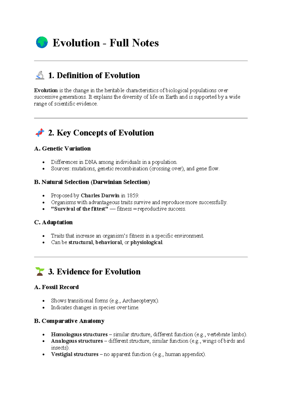 Evolution (BIO101) Comprehensive Study Notes on Key Concepts and ...