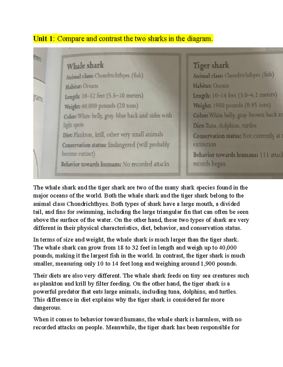 Unit 1: Comparing Whale Shark and Tiger Shark Characteristics - Studocu
