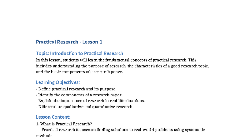 Practical Research (PRC101) Lesson 1: Intro to Research Concepts - Studocu