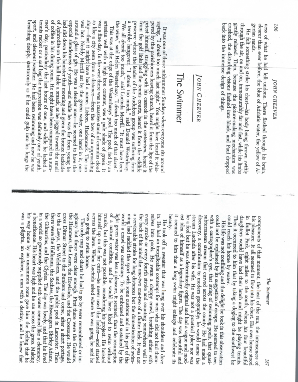 John Cheever The Swimmer - 186 JOHN CHEEVER The Swimmer 187 ness of ...