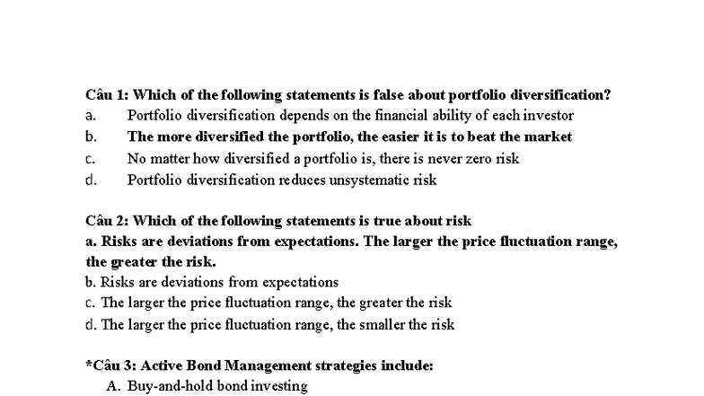 Portfolio - Practice Questions for Investment Strategies - Studocu