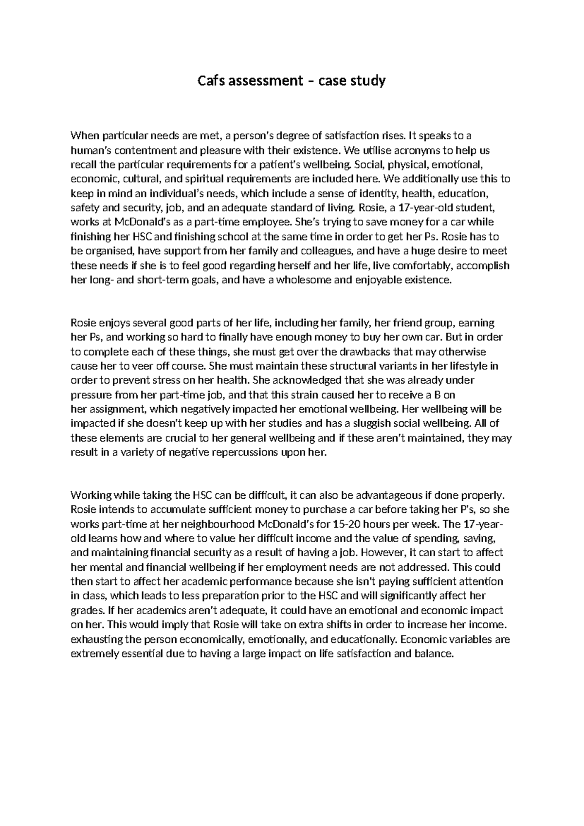 HSC Case Study: Understanding Rosie's Wellbeing and Needs - Studocu