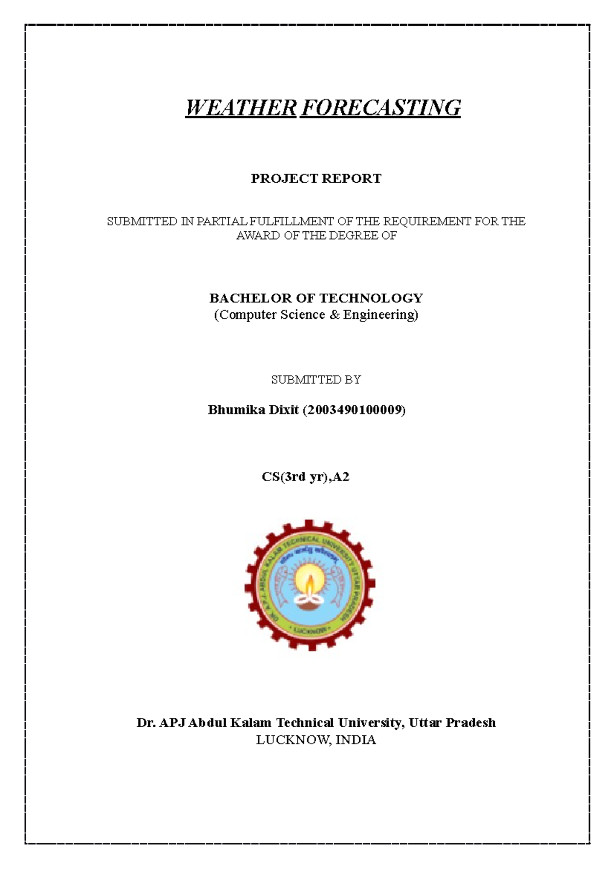 Weather Forcasting pdf - WEATHER FORECASTING PROJECT REPORT SUBMITTED ...