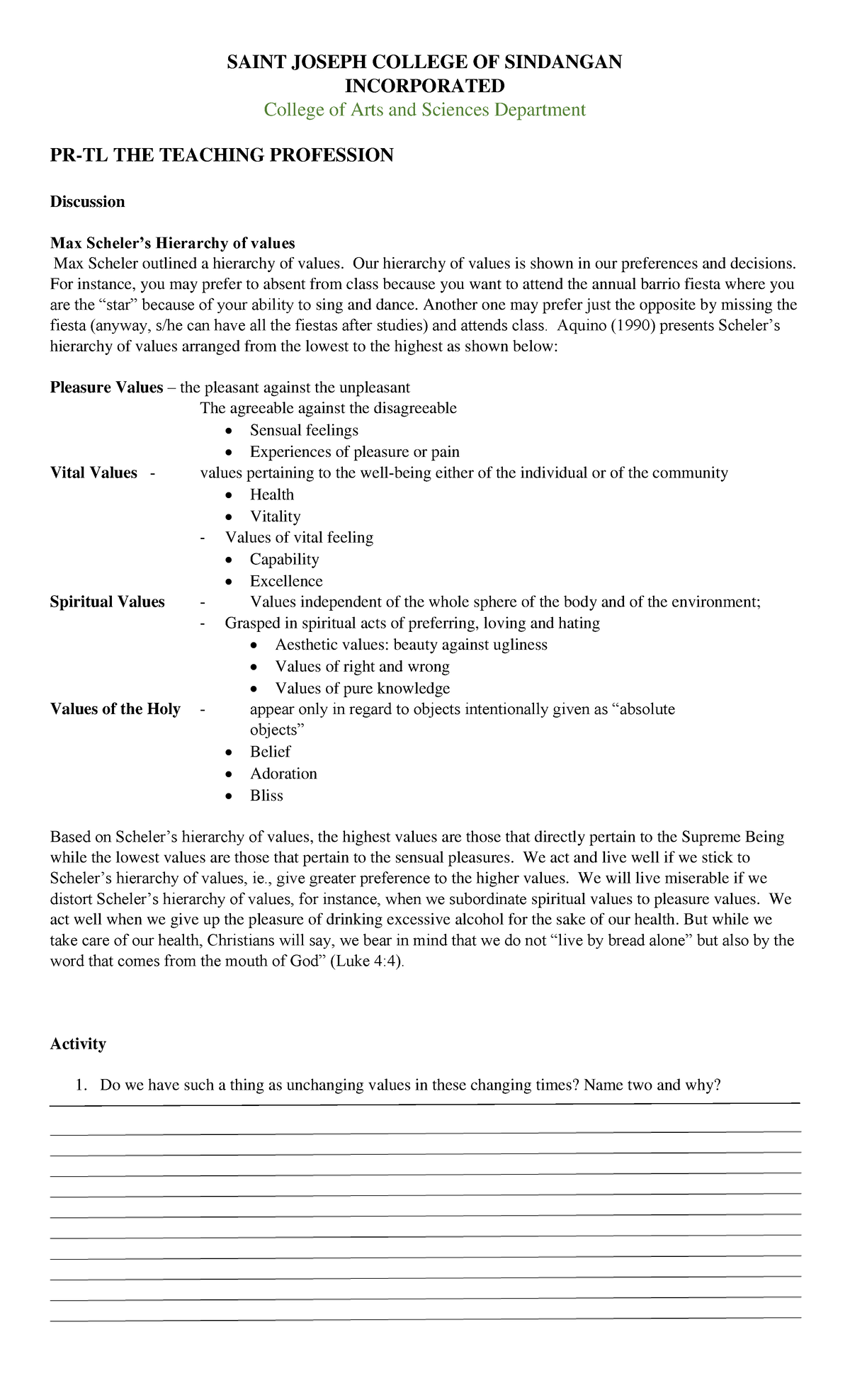 Max Scheler's Hierarchy of Values in PR-TL The Teaching Profession ...