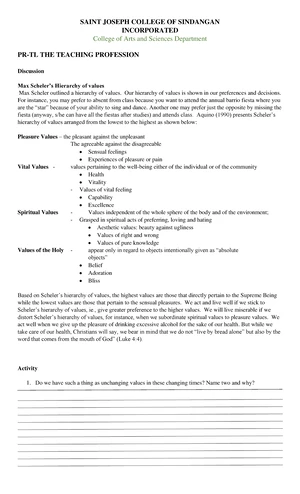Max Scheler’s Hierarchy of Values - SAINT JOSEPH COLLEGE OF SINDANGAN ...
