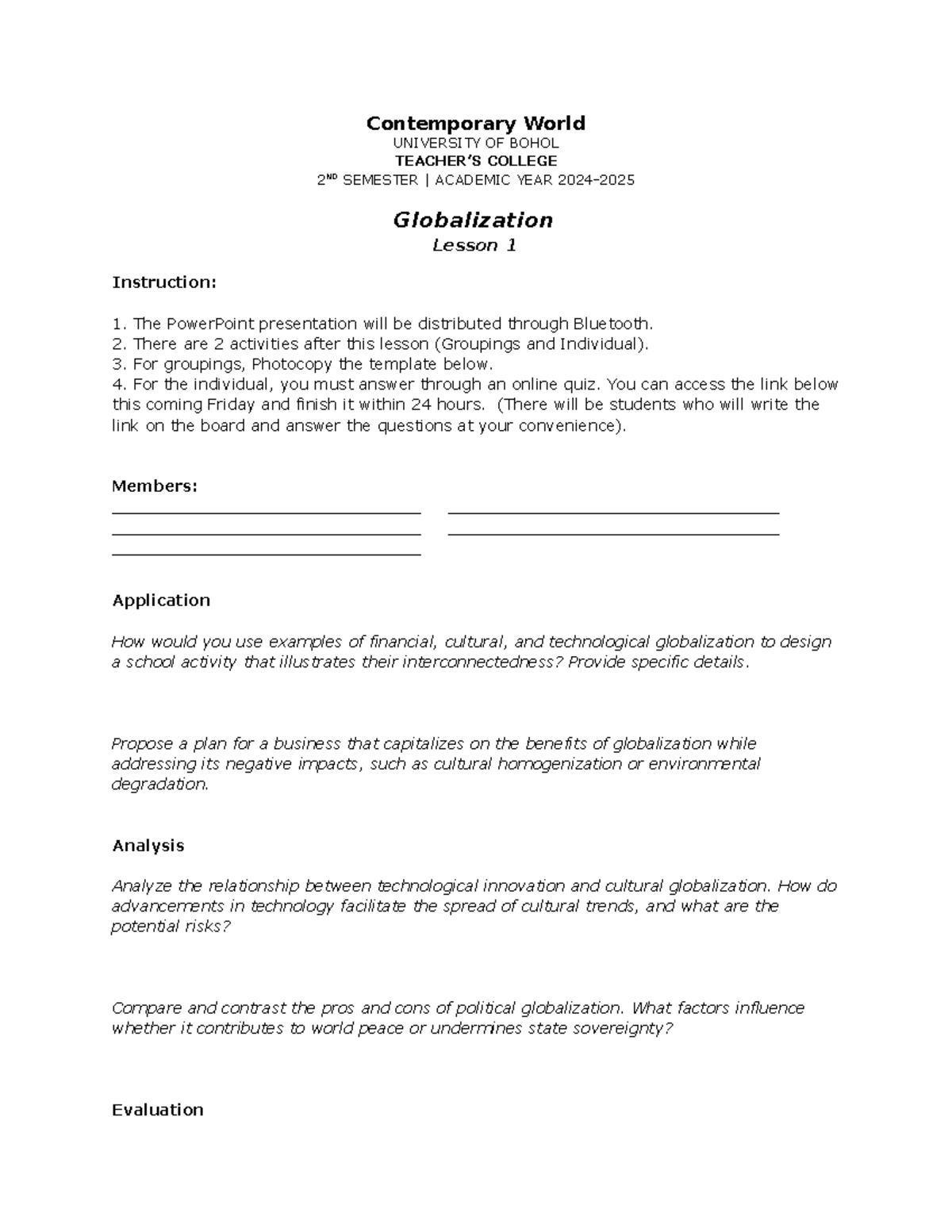 Activity Template for Cworld 1 - Contemporary World UNIVERSITY OF BOHOL ...