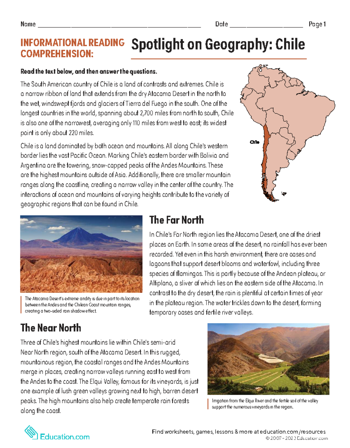 INFORMATIONAL READING: Geography of Chile - Comprehension Guide - Studocu