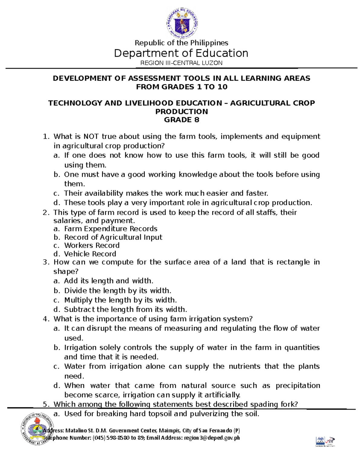 Grade 8 TLE Agricultural Crop Production Test Items - Olongapo City ...