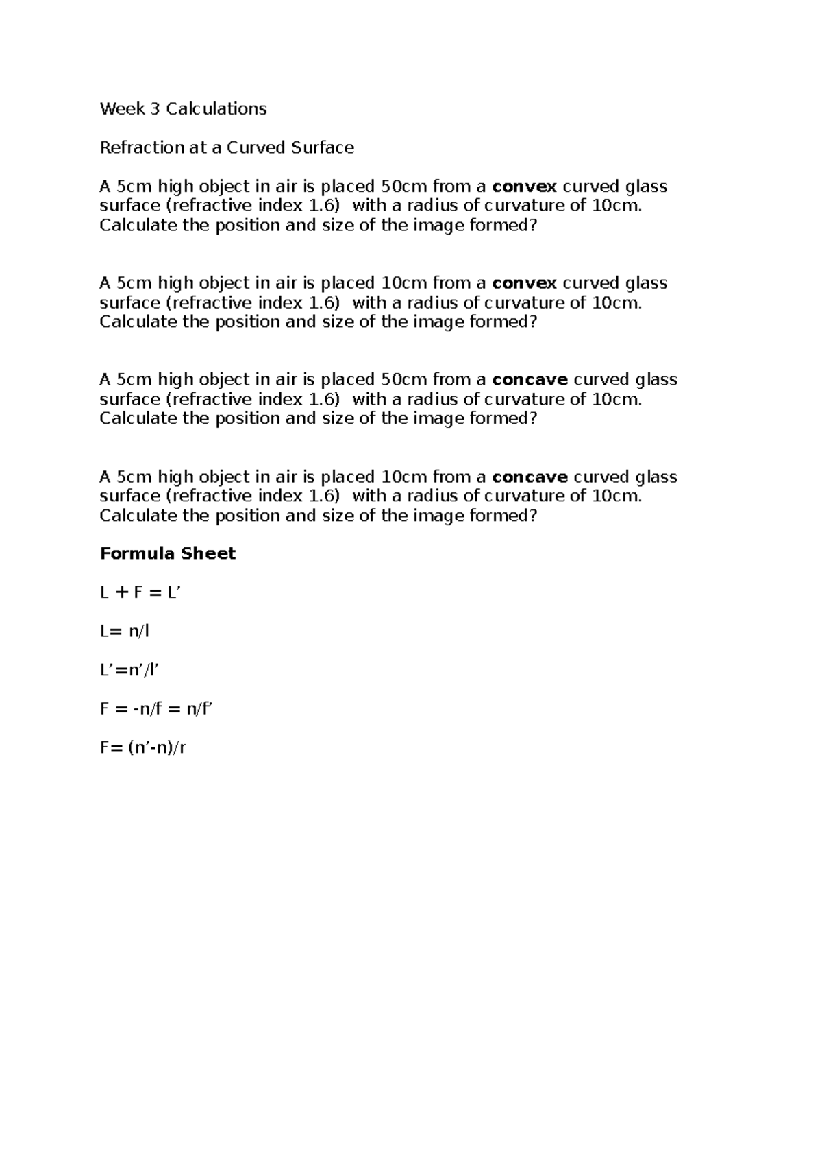 Week 3 Calculations: Refraction at Curved Surfaces Notes - Studocu