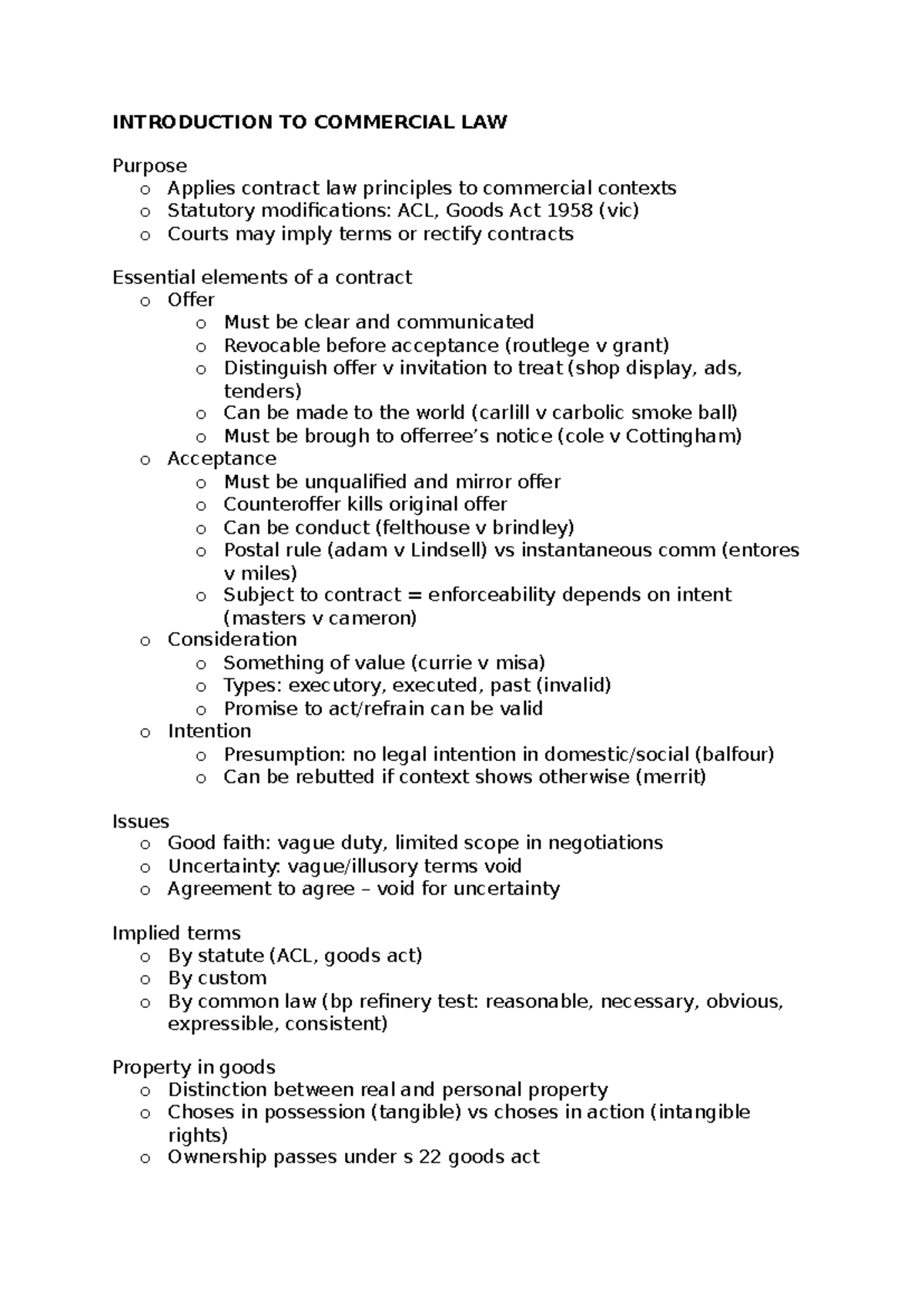 Commercial Law Exam Notes: Key Concepts and Case Summaries - Studocu