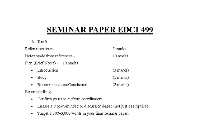 Seminar Paper Guide EDCI 499: Drafting References & Structure - Studocu