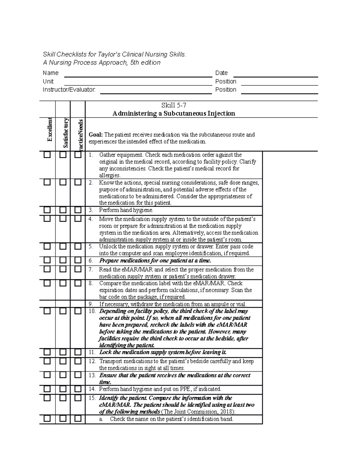 Skill Checklist for Subcutaneous Injection Administration in Nursing ...