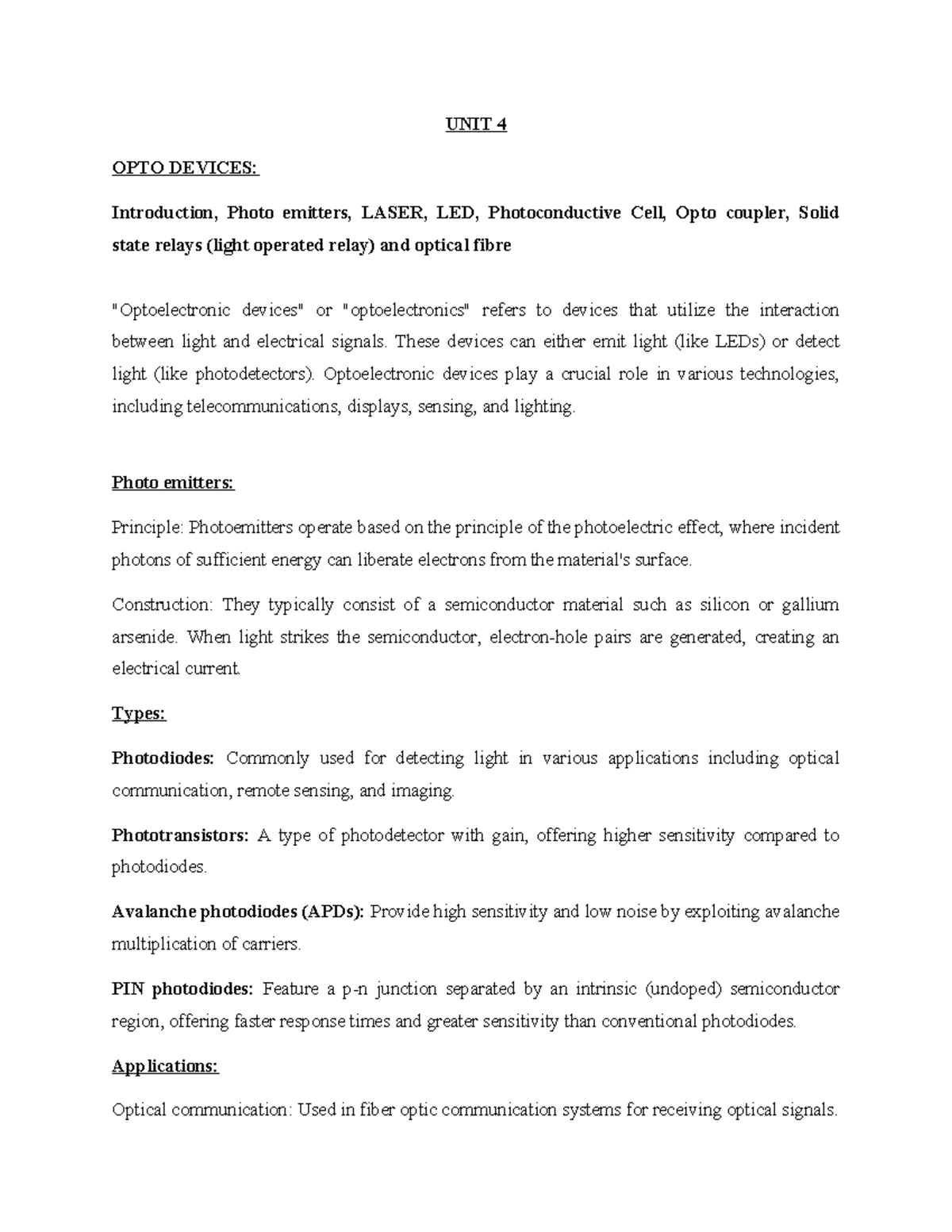 UNIT IV - OPTO DEVICES: Overview of Photo Emitters, LASER, LED, and ...