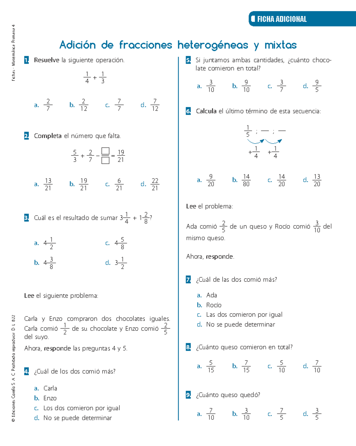 FICHA ADICIONAL: Adición de Fracciones Heterogéneas y Mixtas ...