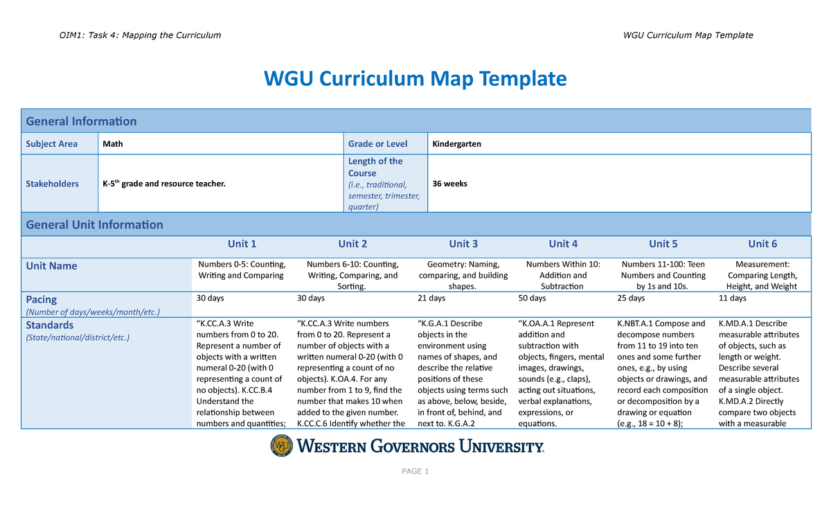 WGU Curriculum Map for K-5 Math: Unit Breakdown and Assessments - Studocu