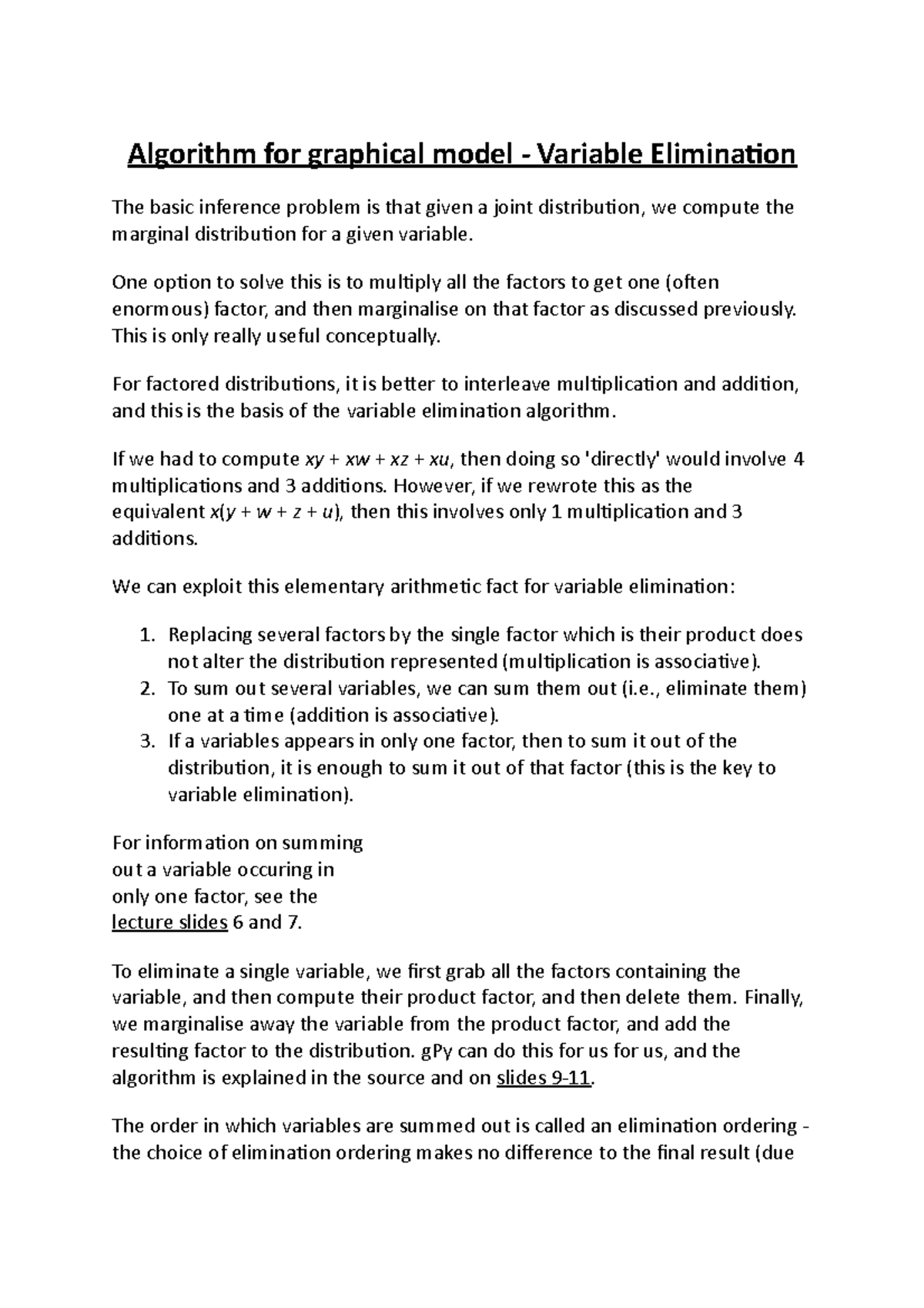 Algorithm for graphical model Variable Elimination - Studocu
