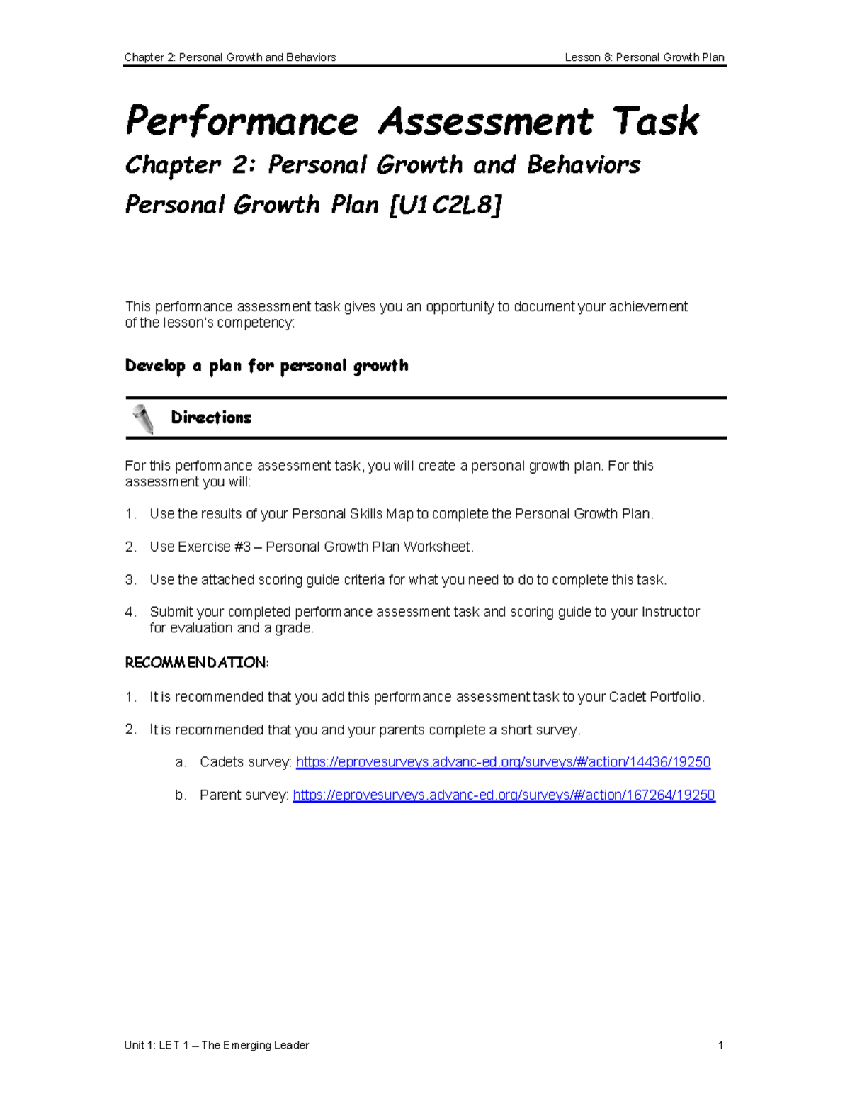 U1C2L8 Performance Assessment Task: Personal Growth Plan Guide - Studocu