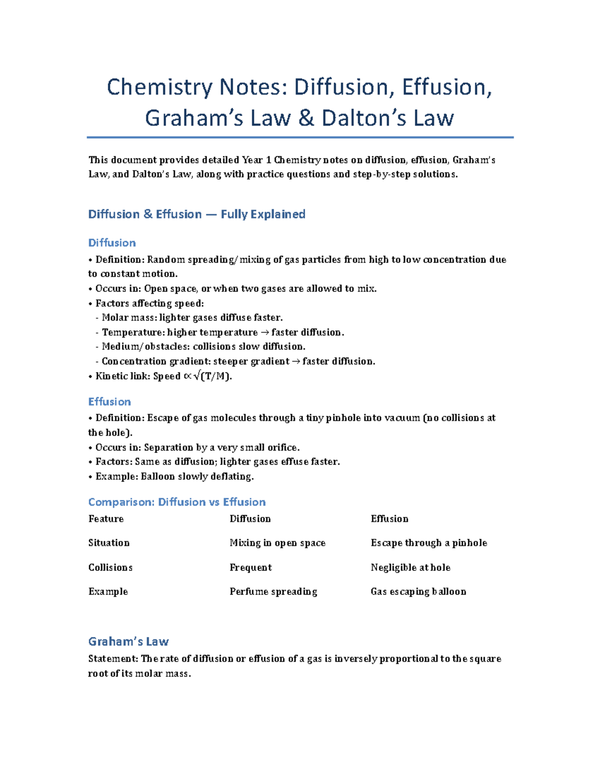Chemistry Notes: Year 1 Diffusion & Effusion (Graham's & Dalton's Laws ...